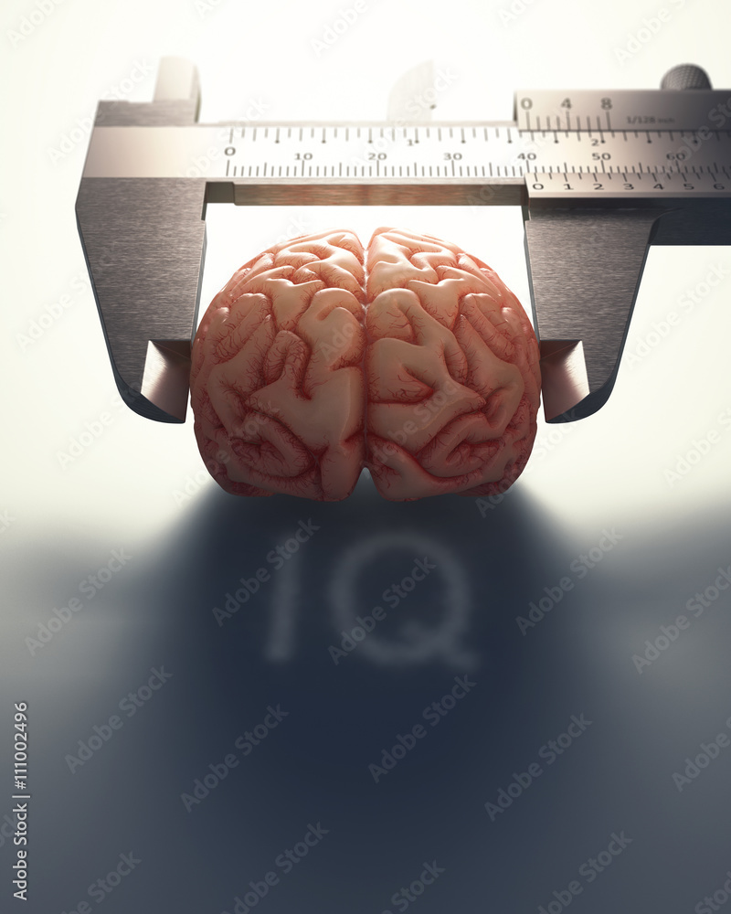 3D image concept of a caliper ruler measuring a human brain. It is a ...