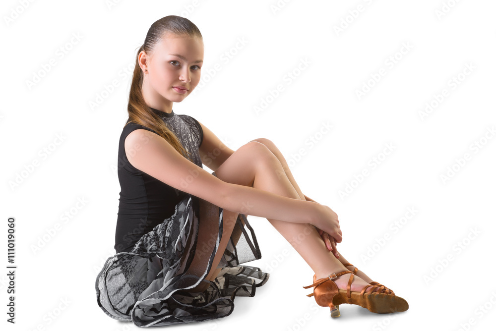 Girl in dress for ballroom dancing sitting Stock Photo | Adobe Stock