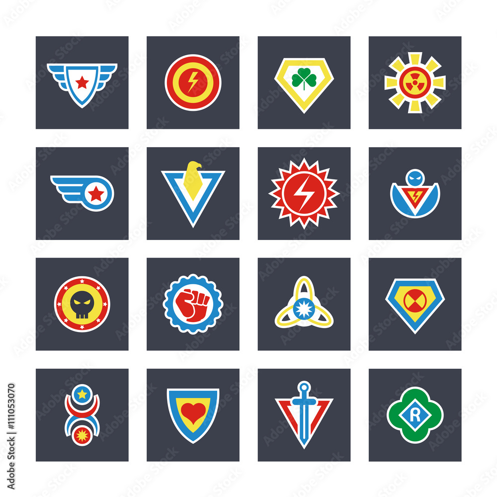 Superhero color vector badges, emblems, logos. Superhero badge icon ...