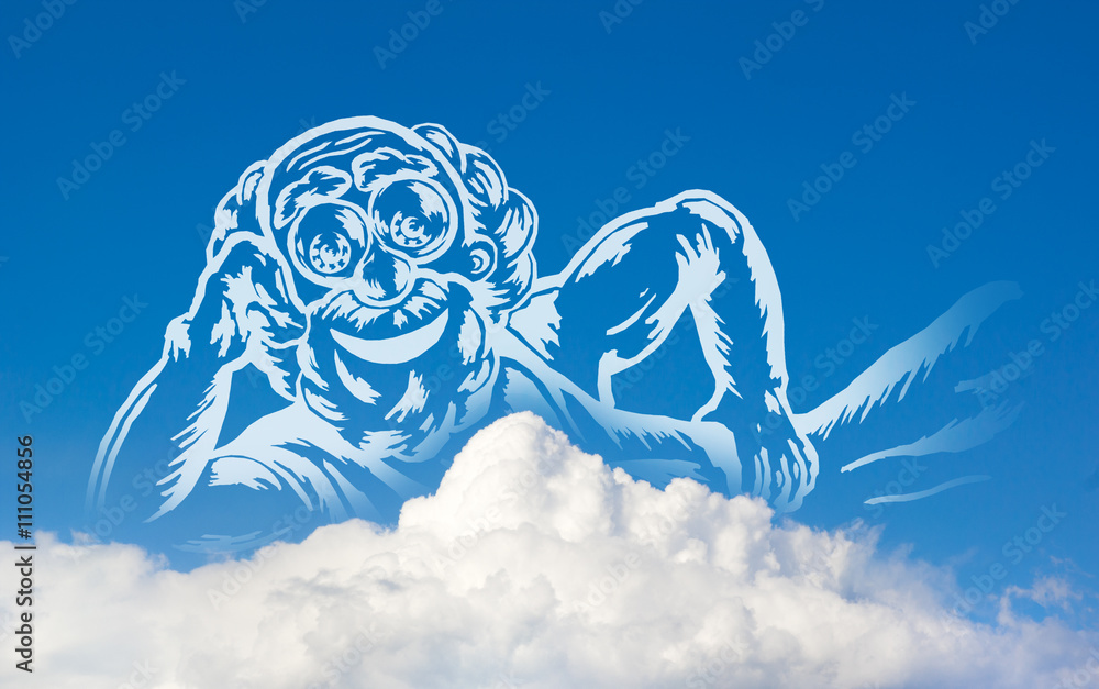 God represented as happy and satisfied old bearded man on cloud on sky ...