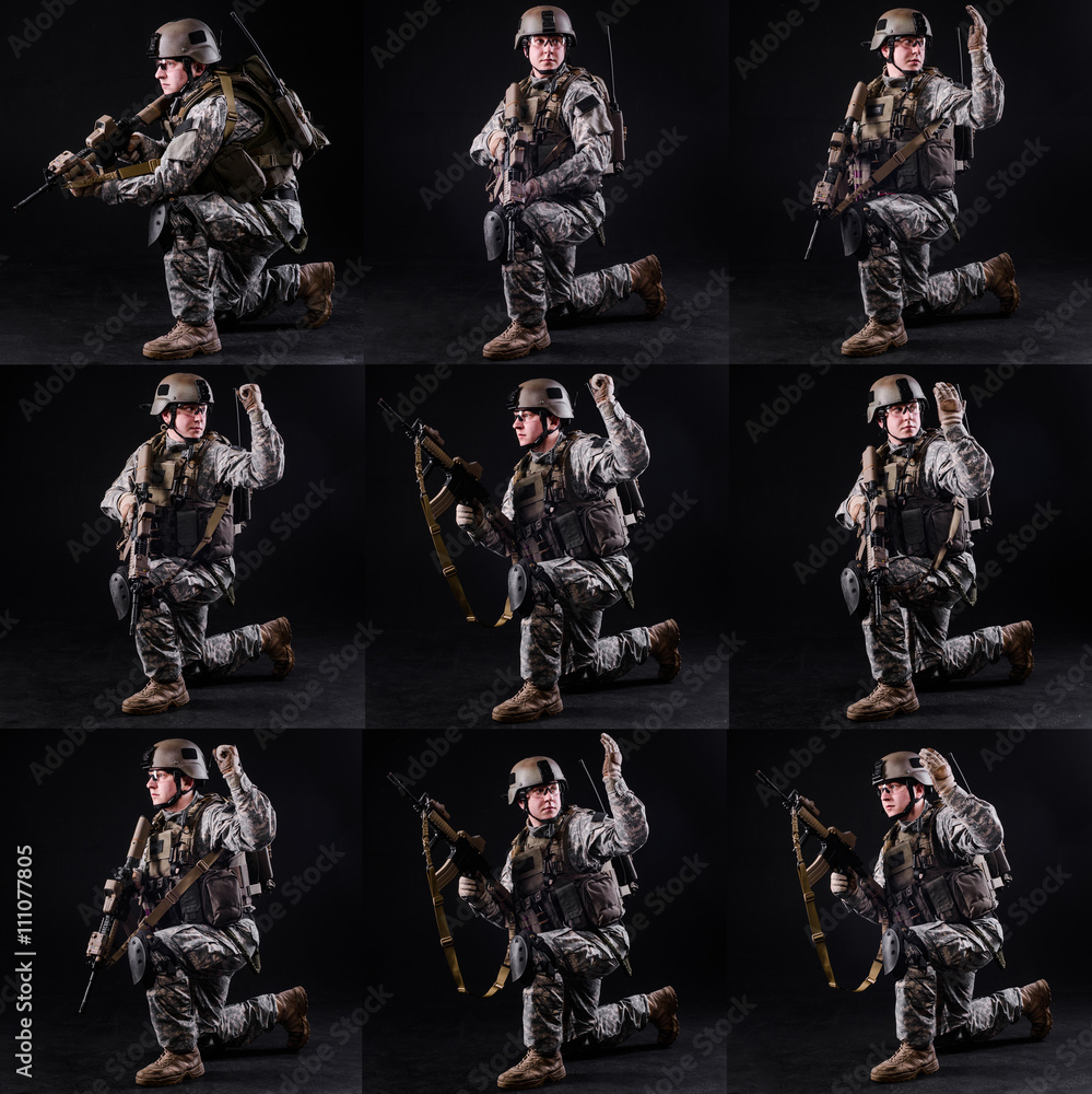 Soldier shows special signals/Soldier with rifle demonstrates special ...