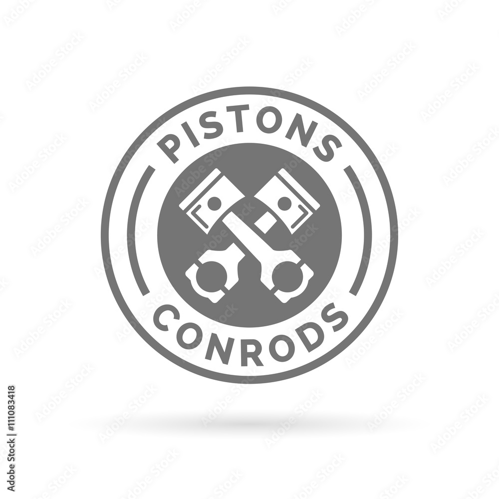 Pistons and rods sign. Car parts symbol. White pistons and conrods ...