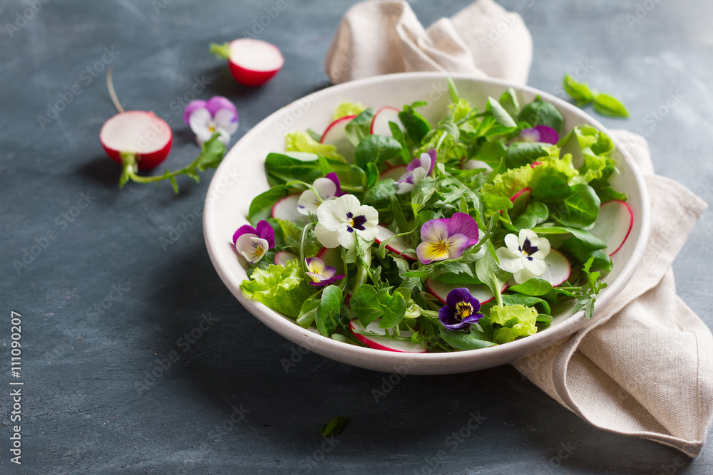 Spring salad with radishes, edible flower and sauce Stock Photo | Adobe ...