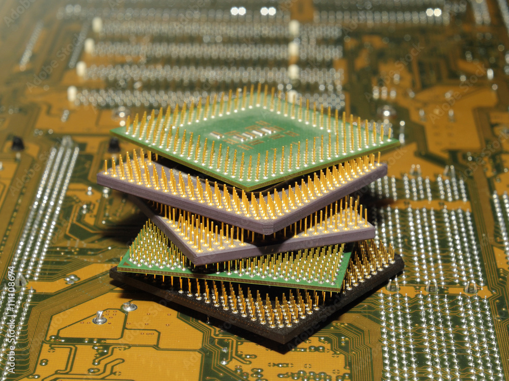 Stack of CPU processor and Circuit board / Motherboard. Electronic ...