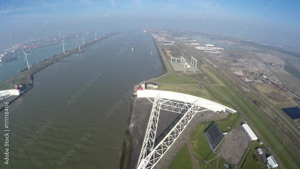 Aerial over right arm of Maeslantkering Maeslant barrier part of Delta ...