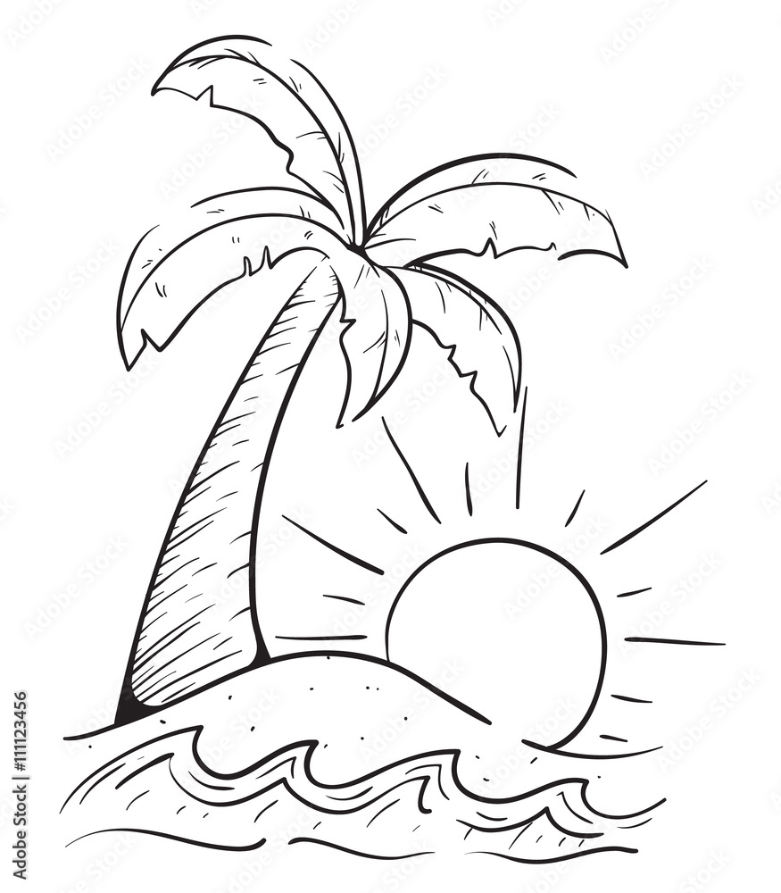 Palm Tree With Sketchy Style On The Island With Ocean Wave And Sunset ...