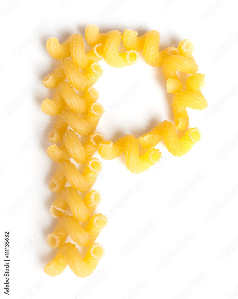 Letter P made from macaroni under a daylight isolated on white ...