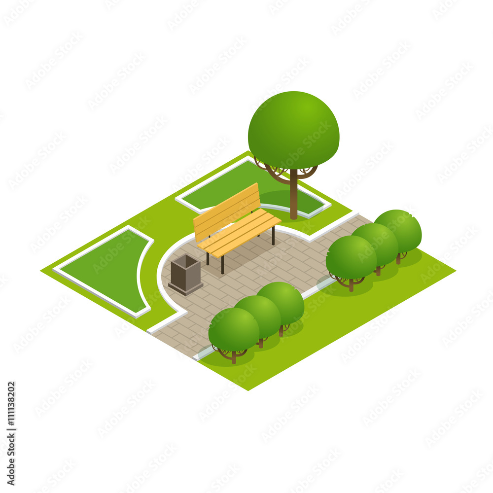 Vettoriale Stock Park concept with trees, bench and sidewalk in 3d flat ...