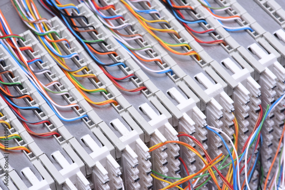Telecommunication main distribution frame with cables, closeup Stock ...