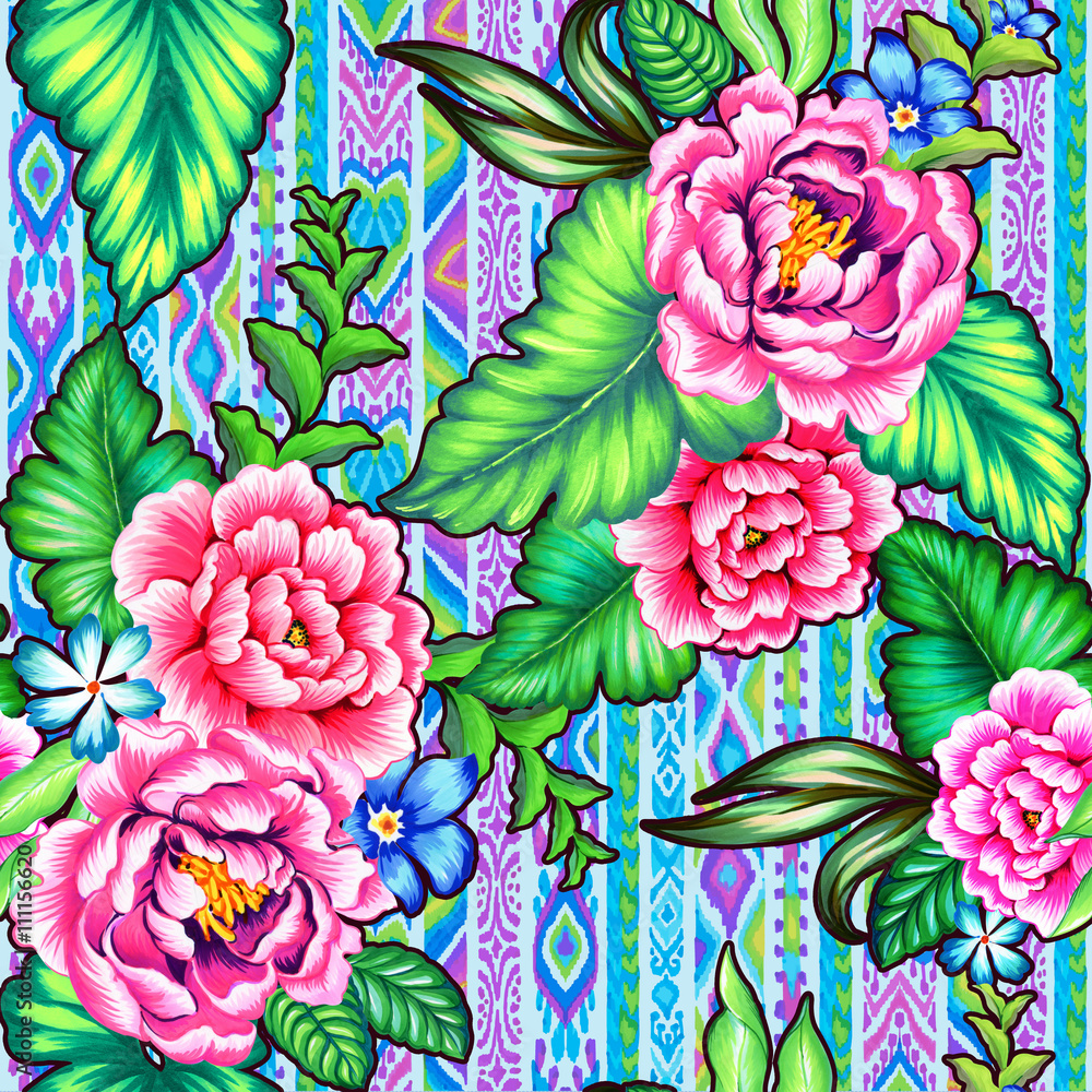 folk flowers with aztec background Stock Illustration | Adobe Stock