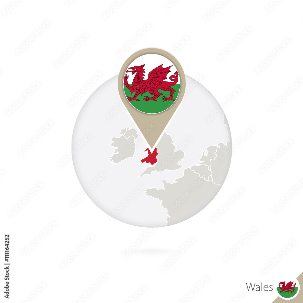 Wales map and flag in circle. Map of Wales, Wales flag pin. Map Stock ...