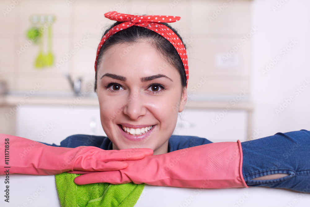 Cleaning lady with white board Stock Photo | Adobe Stock