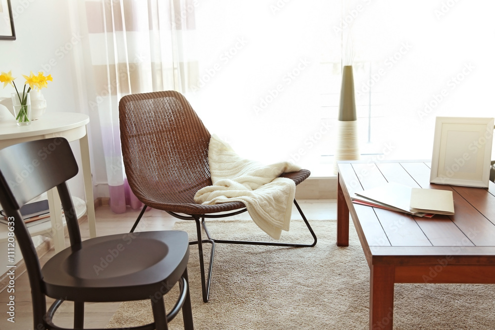 Modern living room interior. Different kinds of chair around table ...