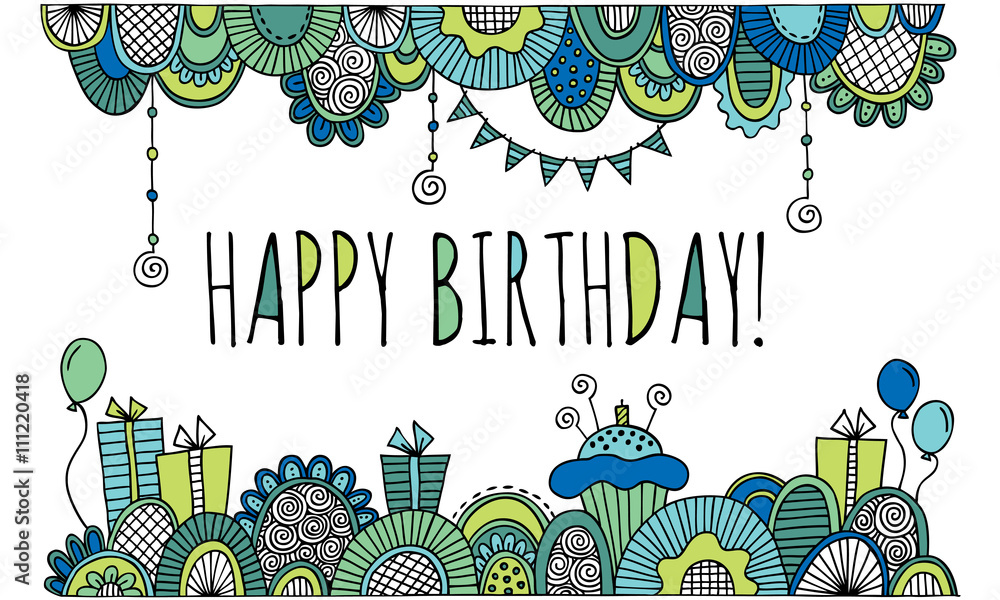 Happy Birthday With Hand Drawn Border Vector Blue and Green Stock ...