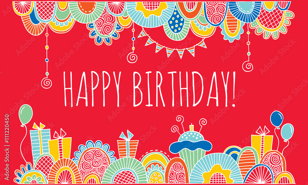 Happy Birthday With Hand Drawn Border Vector with Red Background Stock ...