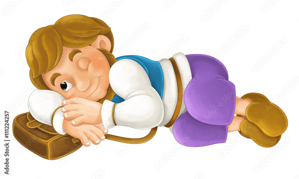 Beautifully colored cartoon character - young man pretending to sleep ...