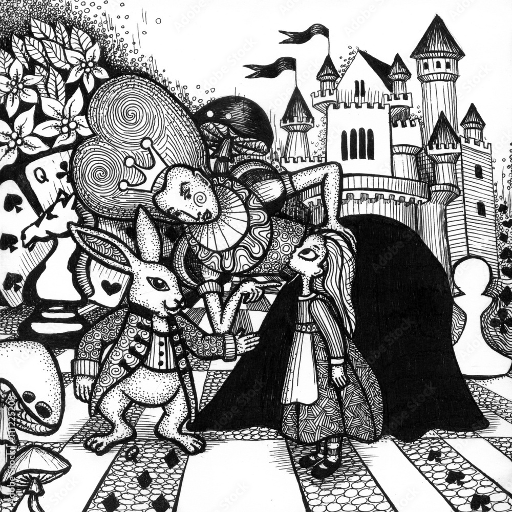 the alice in wonderland story hand drawn outline with texture isolated ...