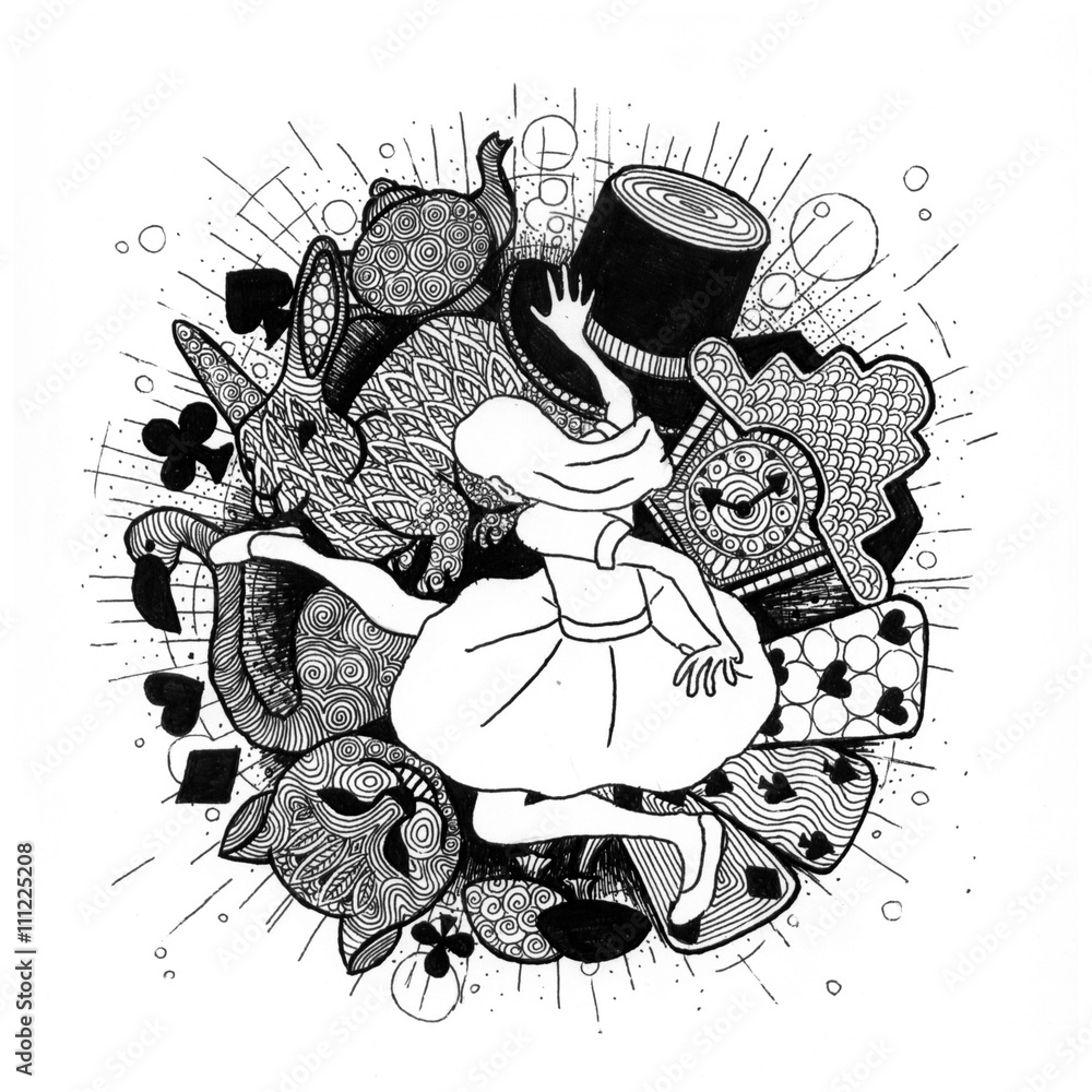 the alice in wonderland story hand drawn outline with texture isolated ...