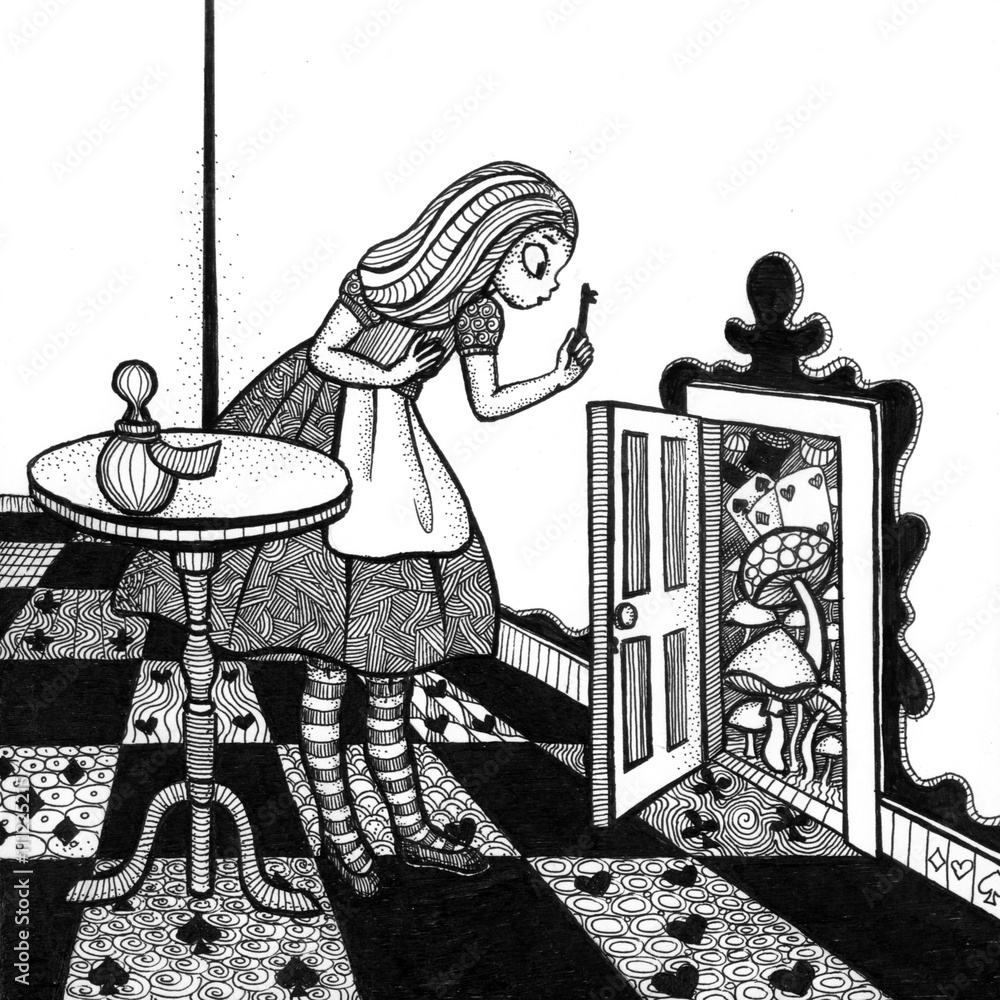 the alice in wonderland story hand drawn outline with texture isolated ...