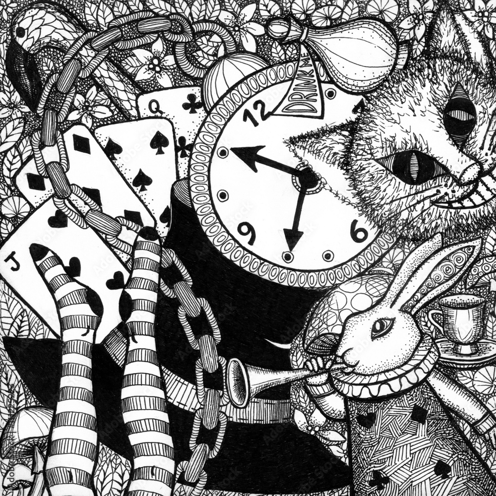 the alice in wonderland story hand drawn outline with texture isolated ...