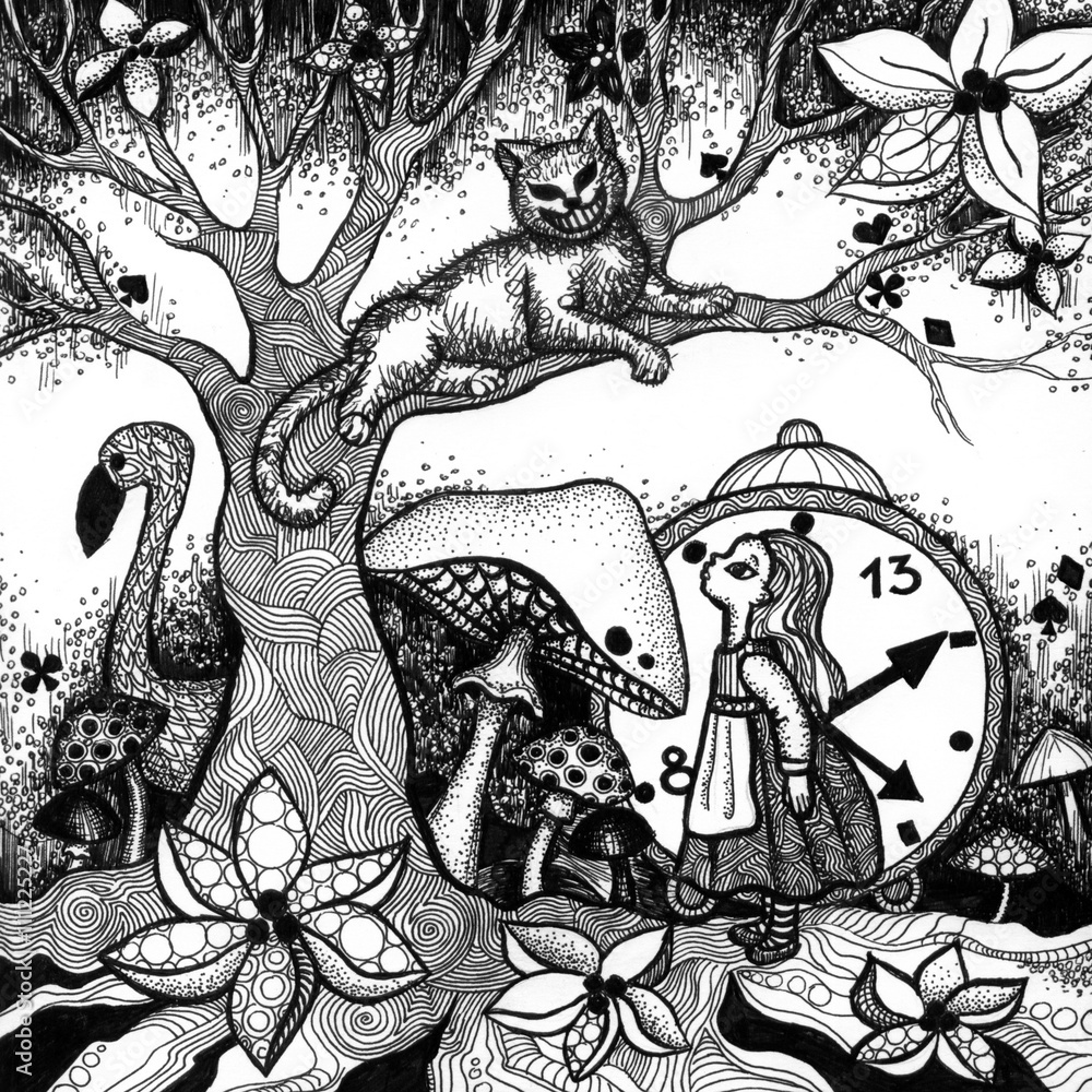 Poster the alice in wonderland story hand drawn outline with texture ...