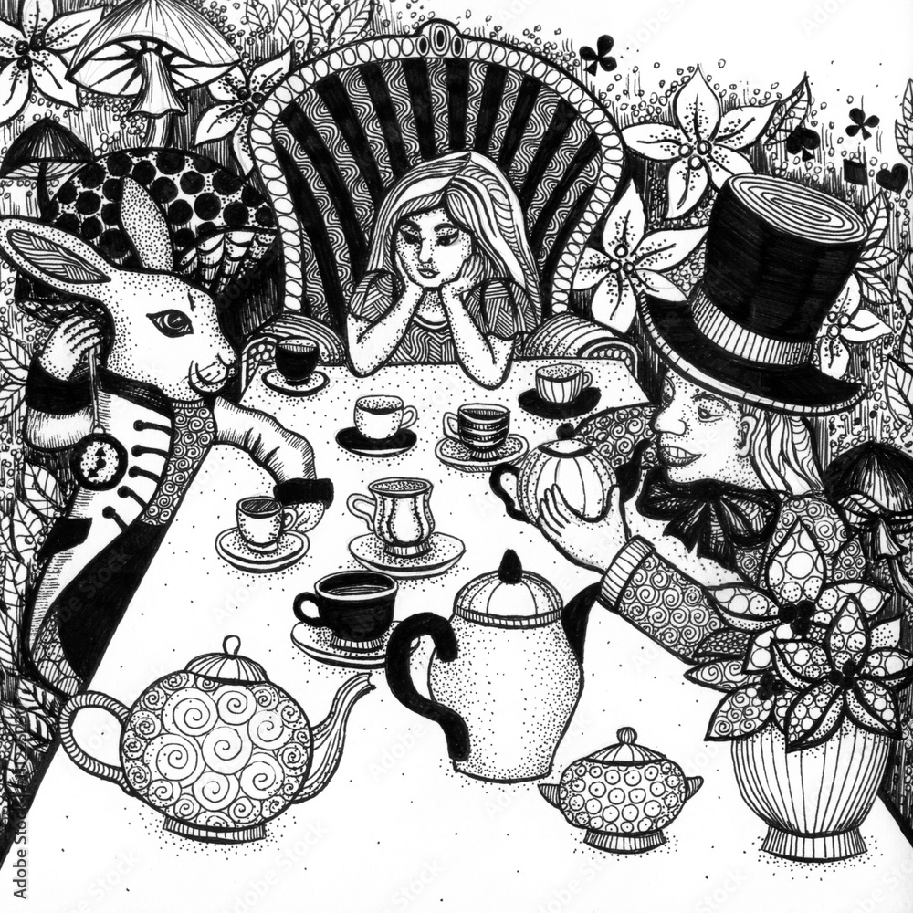 Poster the alice in wonderland story hand drawn outline with texture ...