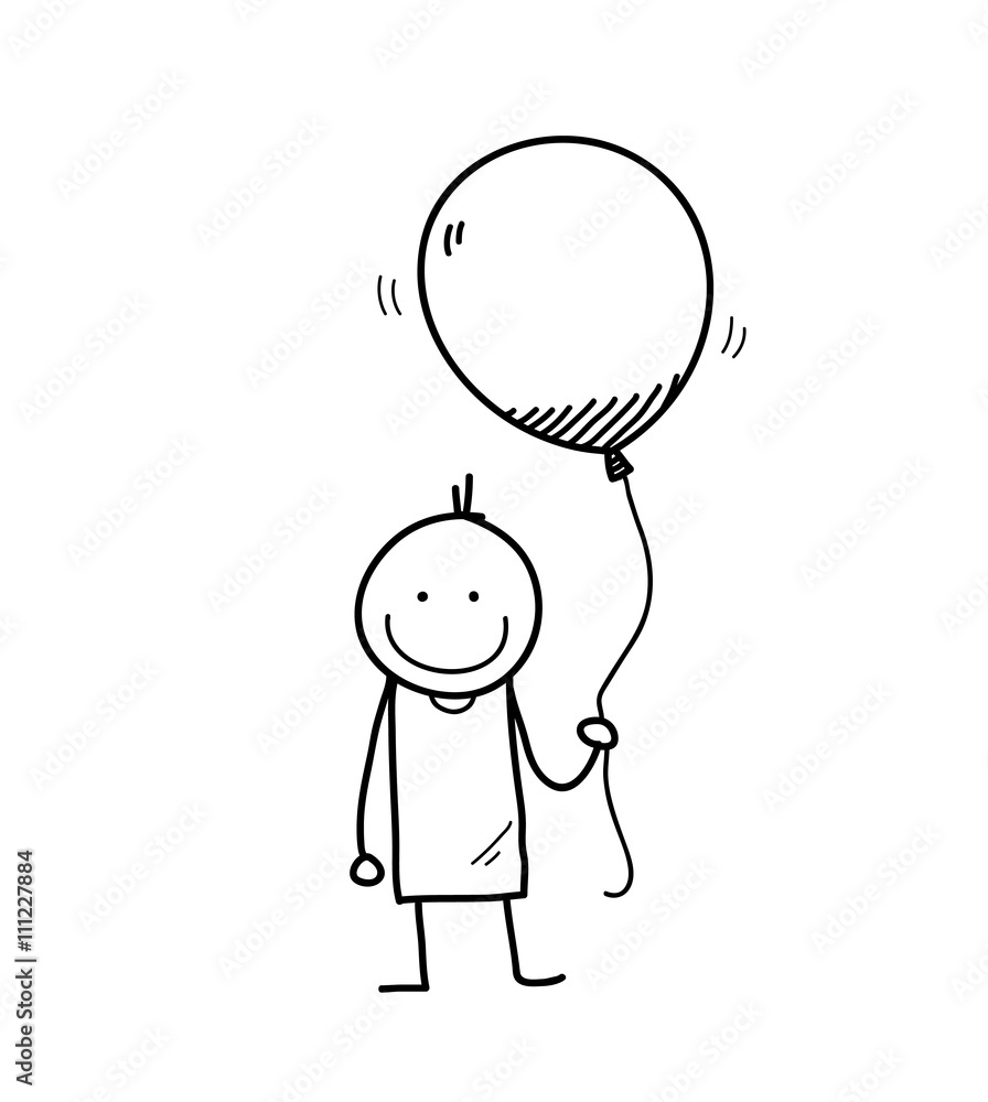Little Kid Holding A Balloon, a hand drawn vector doodle illustration ...