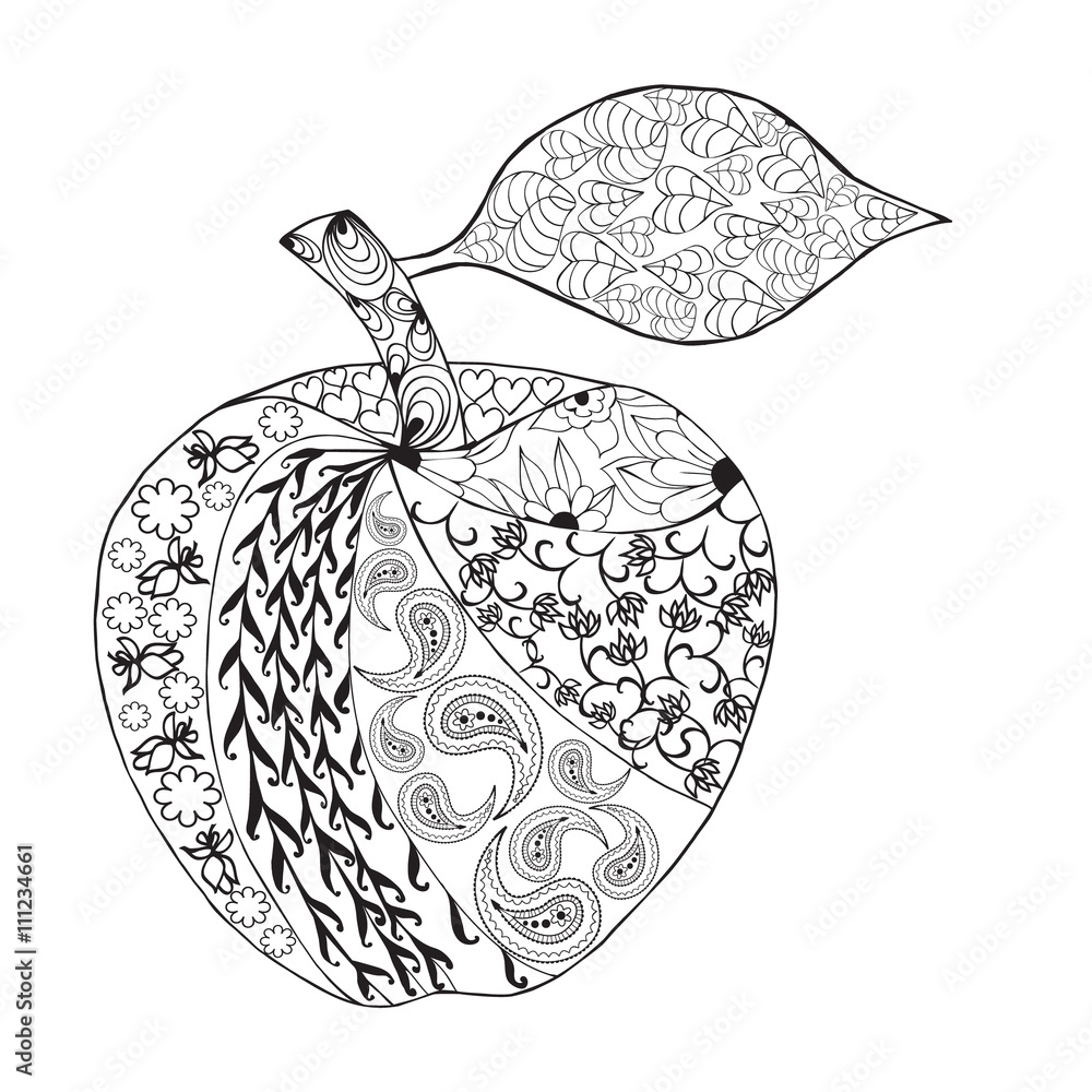 Vector Monochrome Apple zentangle style for coloring book. Stock Vector ...