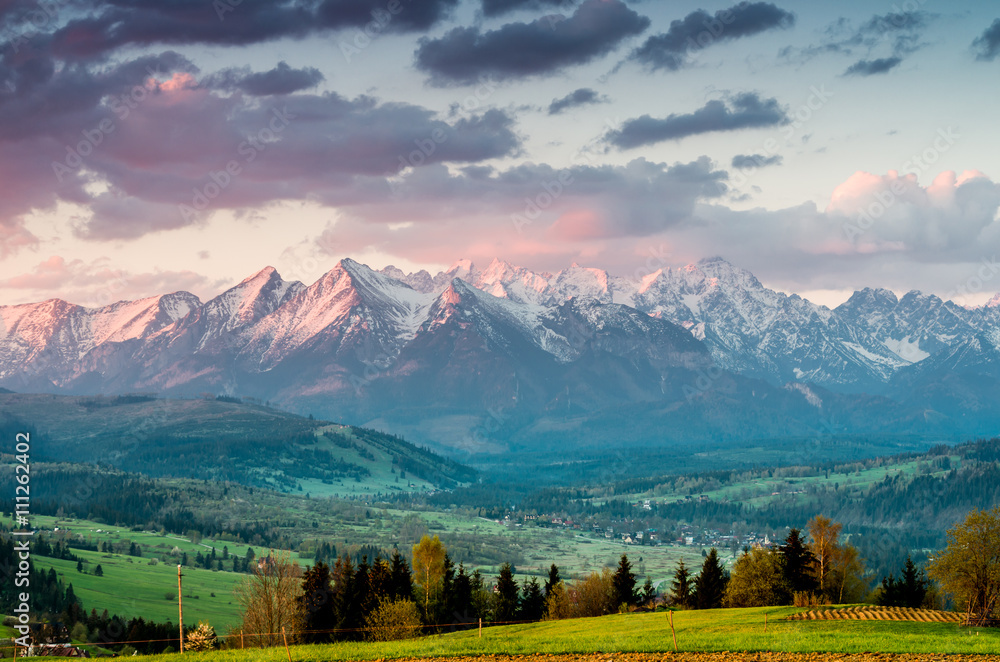 Beautiful spring panorama of Tatra mountains and green hills Stock ...