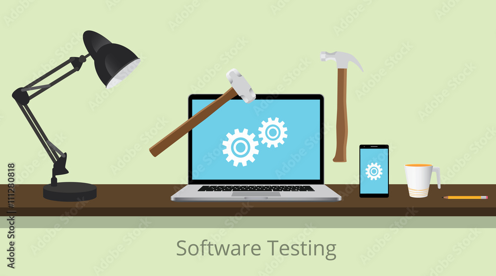 software testing illustration with laptop and gear and hammer ...