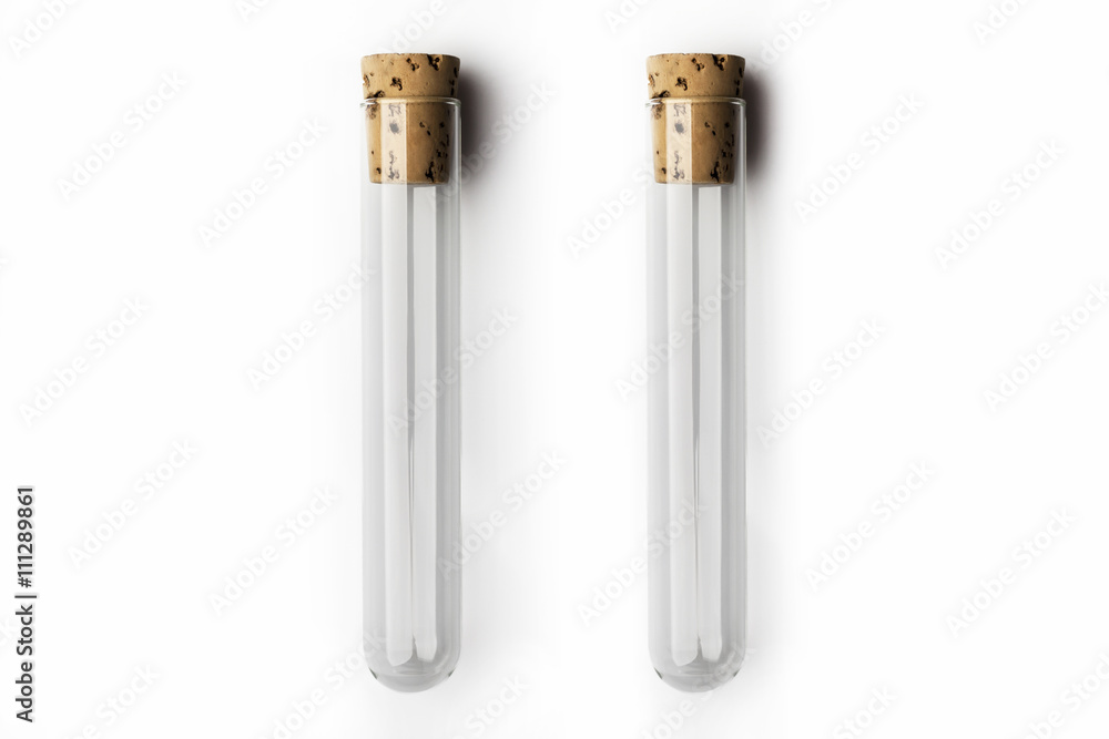 Two empty glass transparent test tube closed with cork on white ...