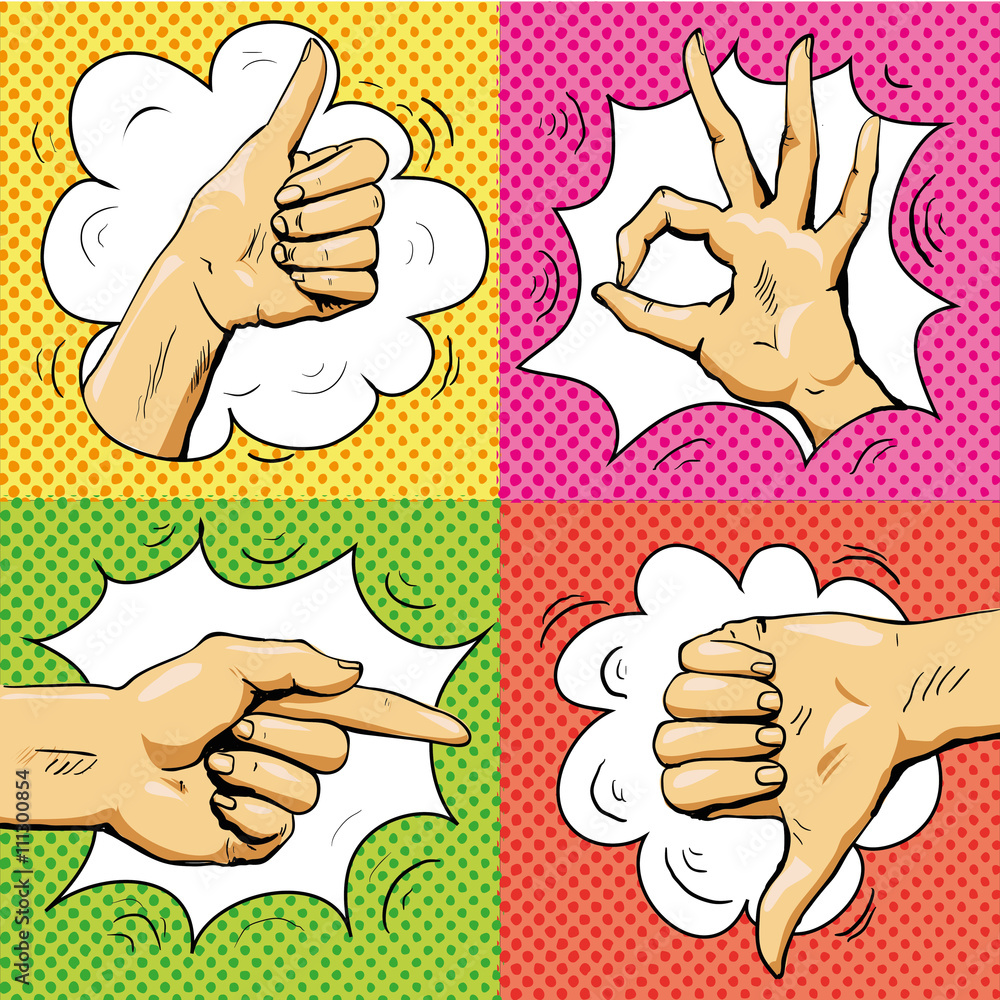 Hand signs in retro pop art style. Cartoon comic vector set. Pointing ...