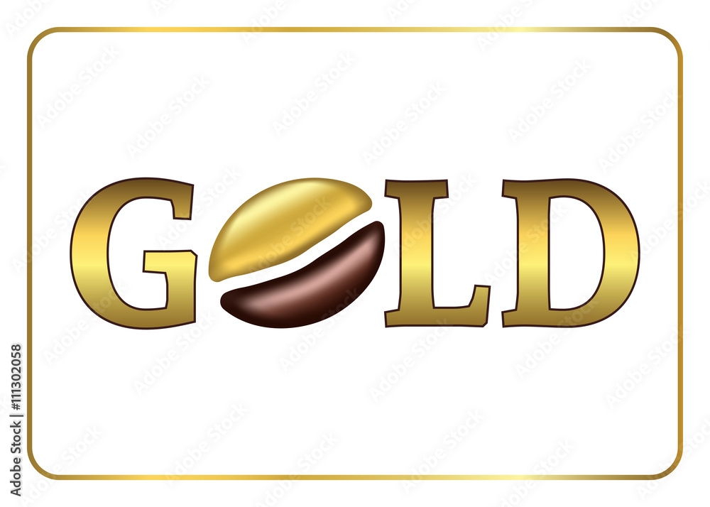 Golden coffee bean. Logo gold and brown font. Template for design menu ...