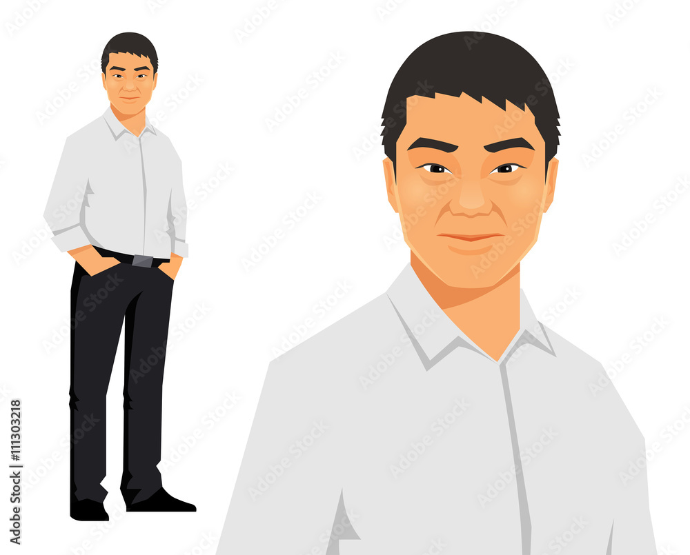 Young asian, chinese, casual business man standing. Vector illustration ...