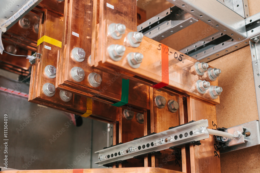 Copper busbar. Uninterrupted power. Electrical power. Stock Photo ...