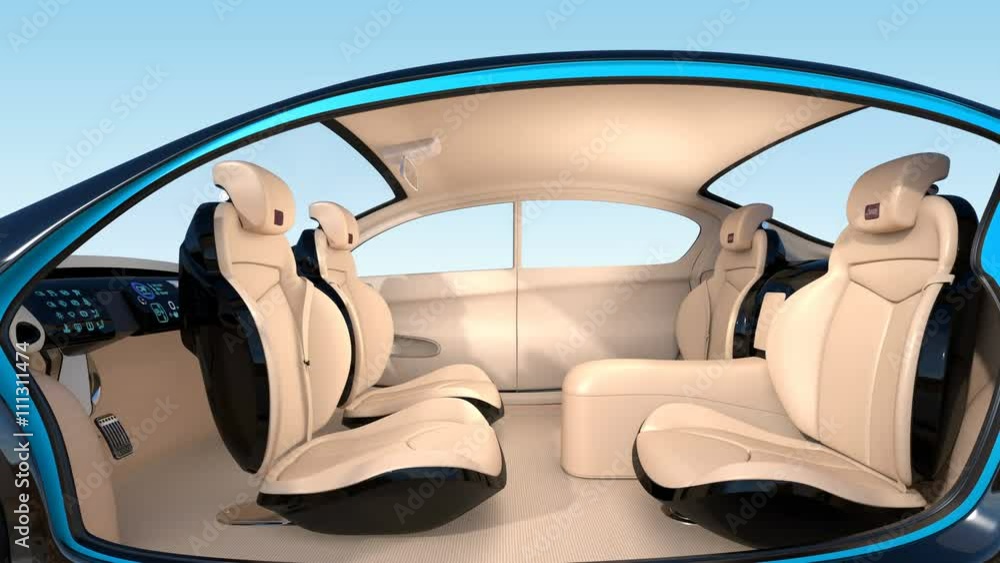 3D animation of autonomous car interior concept. Luxury interior serve ...