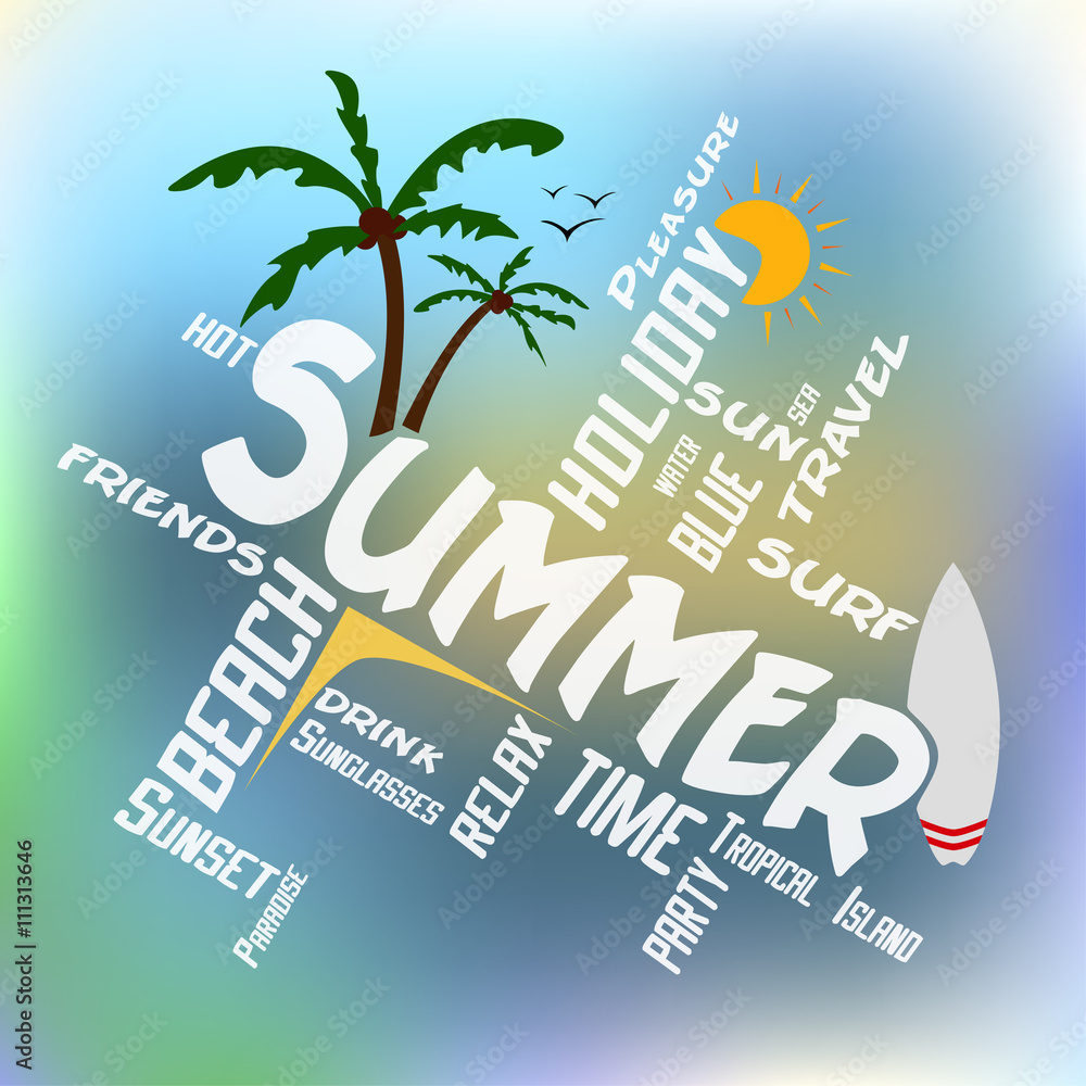 Summer word cloud concept. with colorful palms, sun and surfboard ...