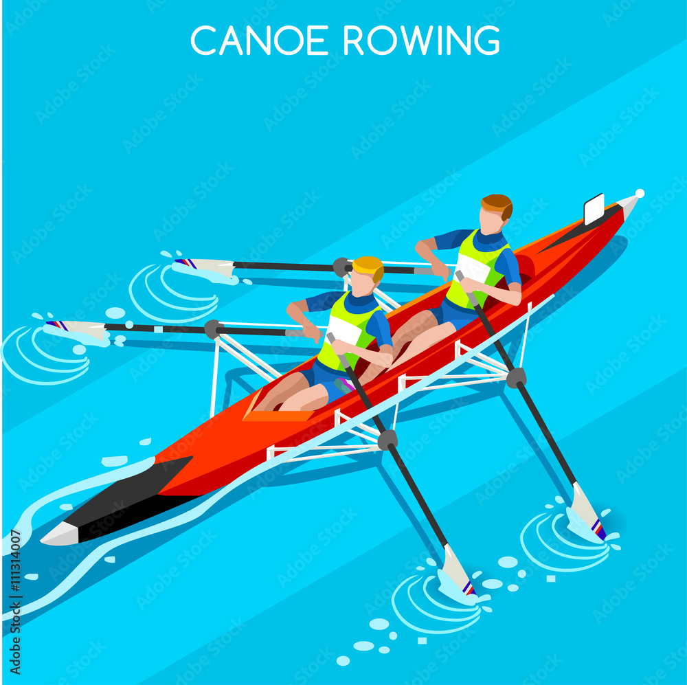 Canoe Sprint Rowing Summer Games Icon Set.3D Isometric Canoeist Paddler ...