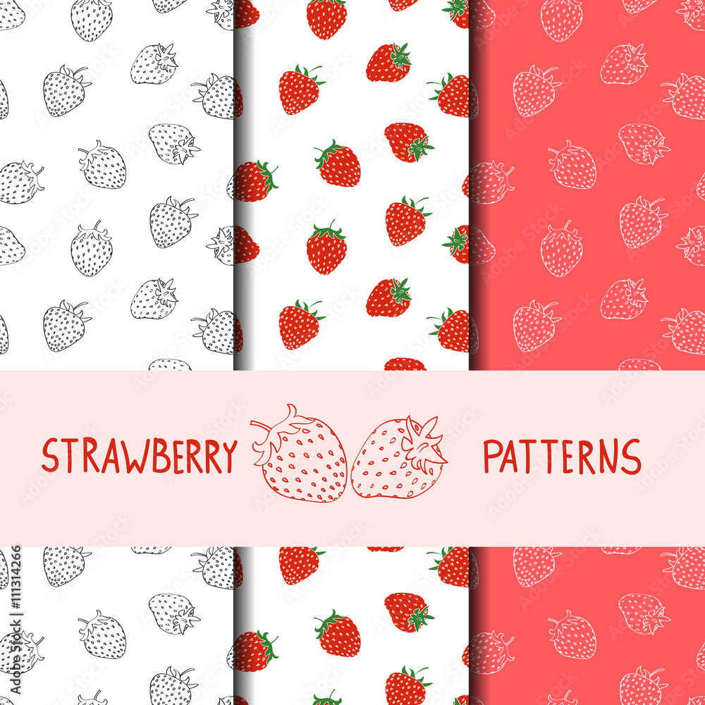 Strawberry seamless patterns. Set of vector backgrounds. Collection of ...
