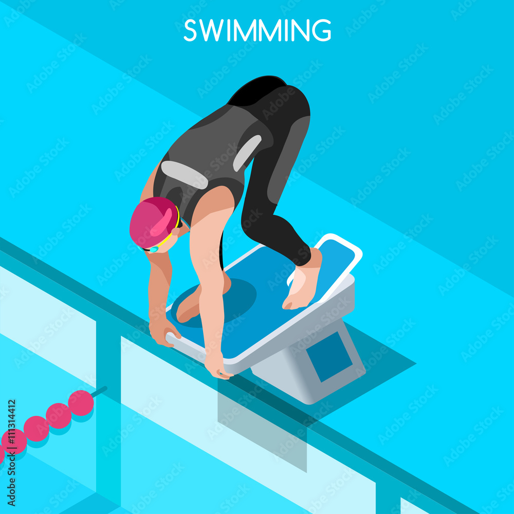 Swimming Freestyle Summer Games Icon Set.3D Isometric Swimmer ...