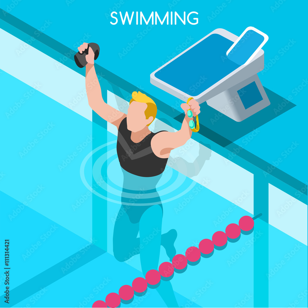Swimming Freestyle Summer Games Icon Set.3D Isometric Swimmer ...