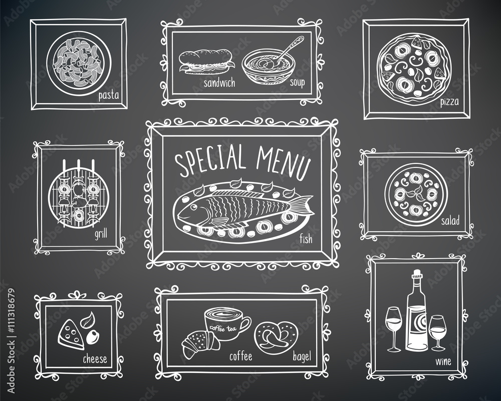 Set of elements for restaurant menu, cafe, pizzeria. Festive menu. Hand ...