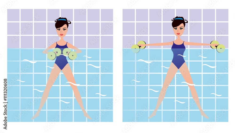 Beautiful girl doing Aqua aerobics. Vector girl doing physical exercise ...