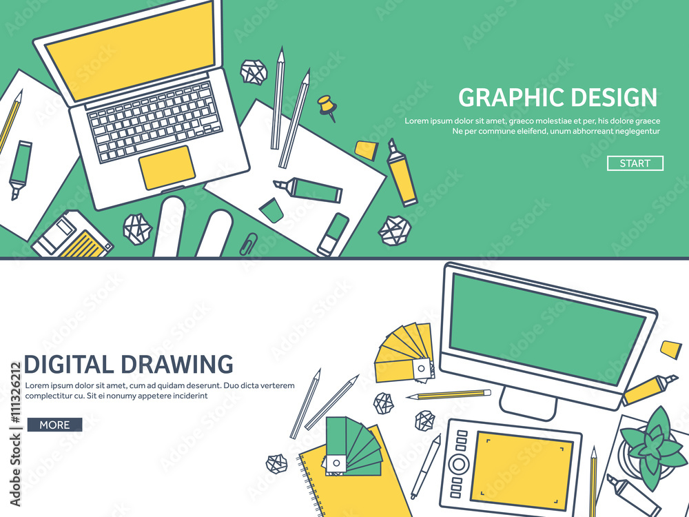 Lined, ouline flat graphic web design. Drawing and painting ...