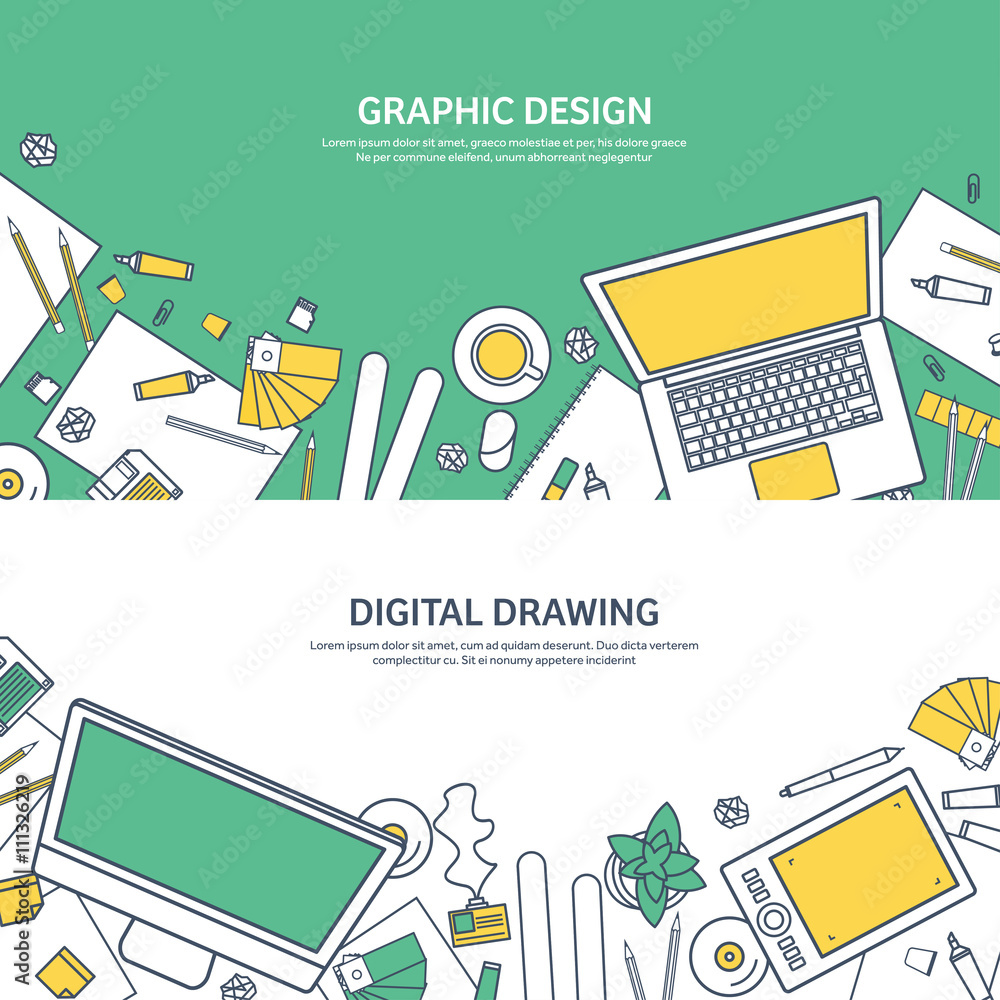 Lined, ouline flat graphic web design. Drawing and painting ...