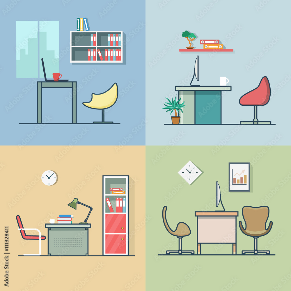 Office room workplace table chair interior indoor set. Linear ...