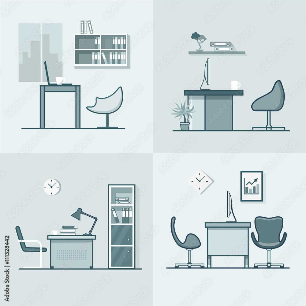 Office room workplace table chair interior indoor set. Linear stroke ...