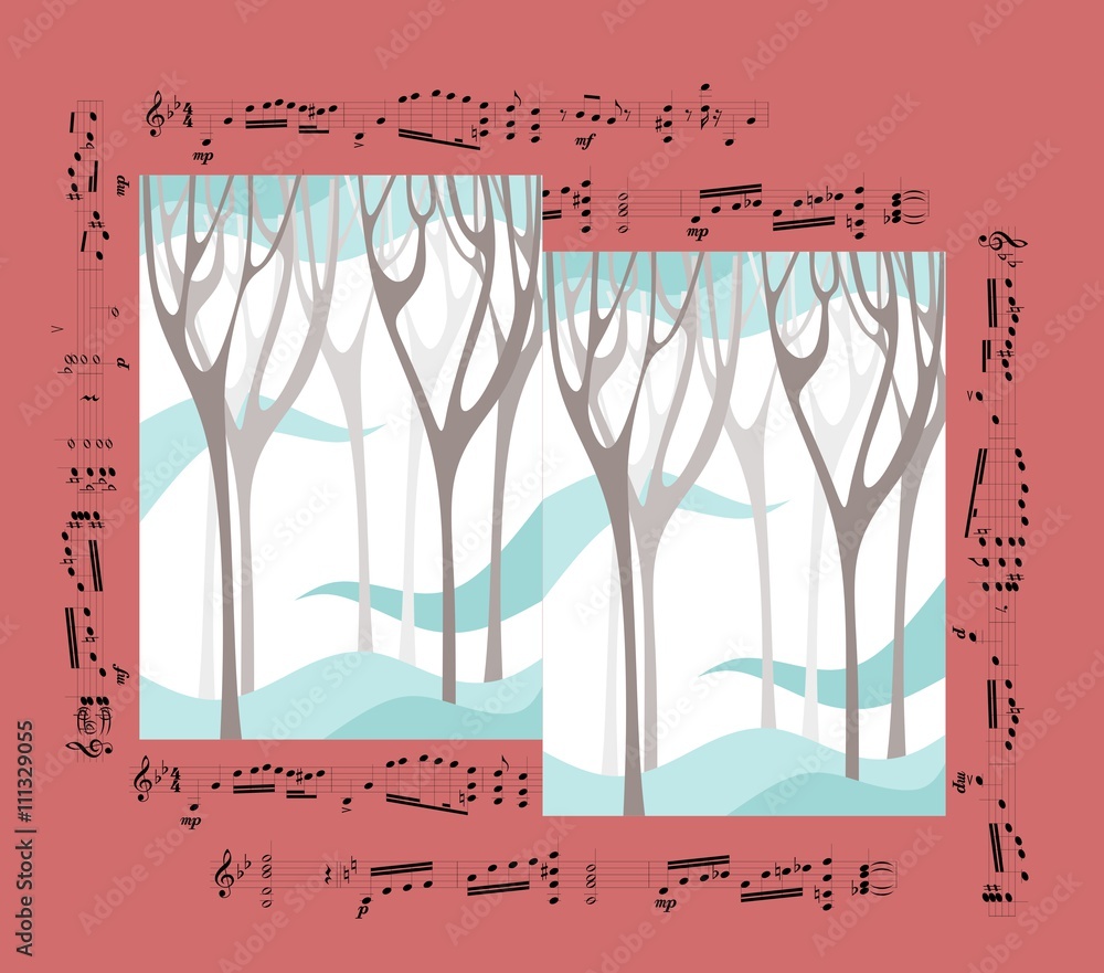 Beautiful card with winter forest and musical notes. Tree silhouettes ...