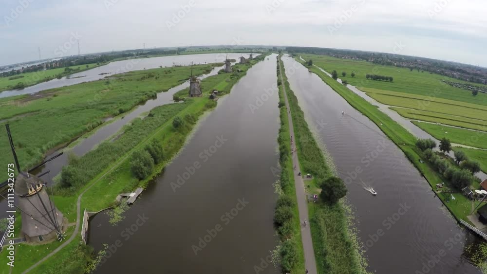 Aerial Kinderdijk Childrens Dike windmills low pass Unesco World ...