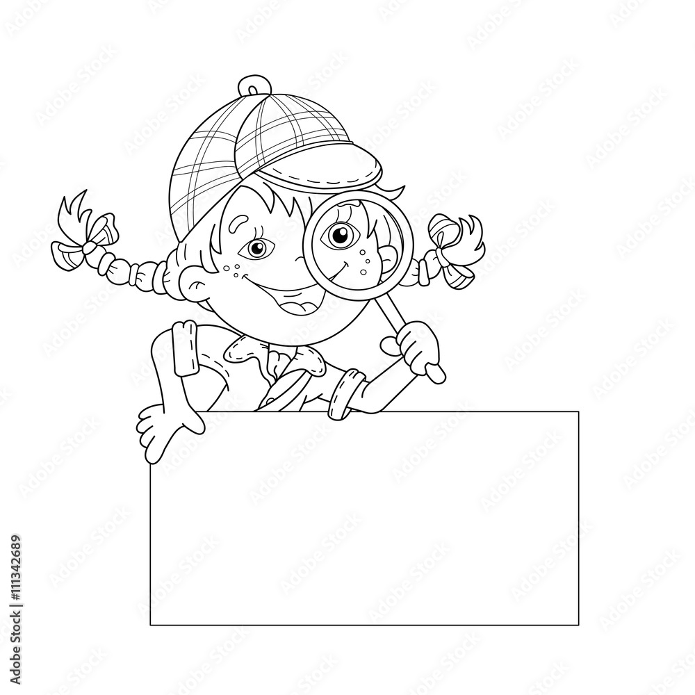 Coloring Page Outline Of cartoon girl detective with loupe Stock Vector ...